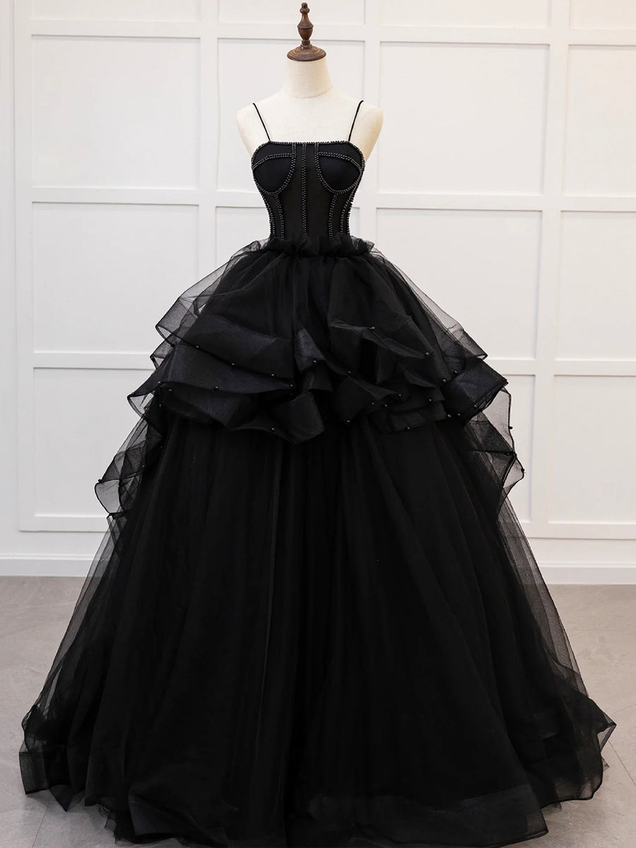 Black Spaghetti Strap Tulle Long Prom Dress with Beaded, A-Line Tulle ...