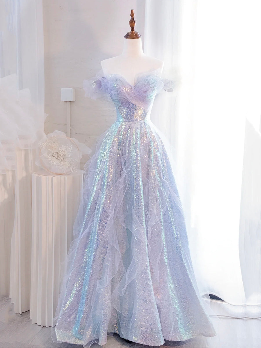 Lovely Purple Tulle Sequins Long Prom Dress, Off the Shoulder Evening ...