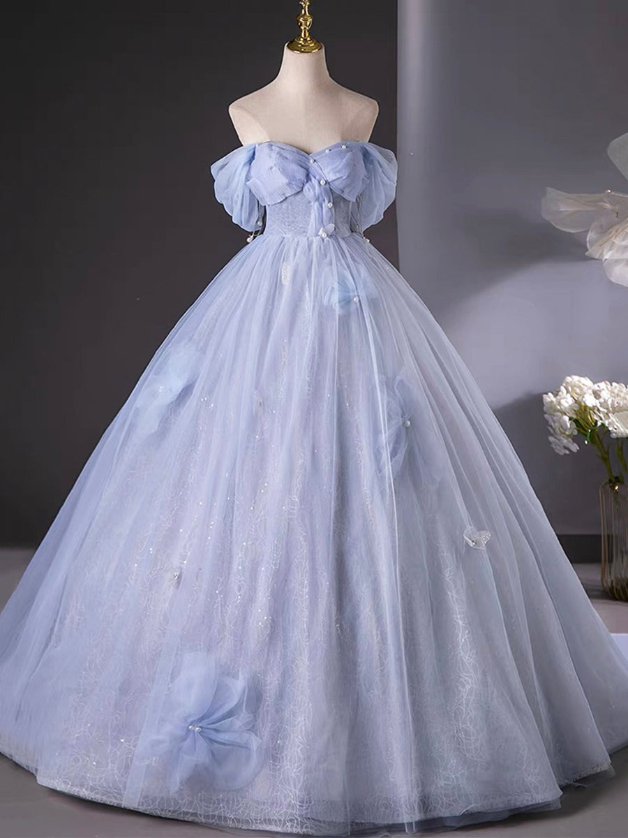 Blue Tulle Long A-Line Prom Dress Party Dress, Beautiful Off the Shoul ...