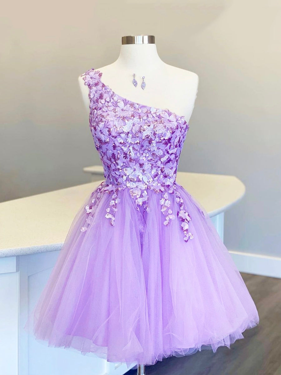 Cute Tulle Sequins Short Prom Dress, Purple One Shoulder Party Dress ...