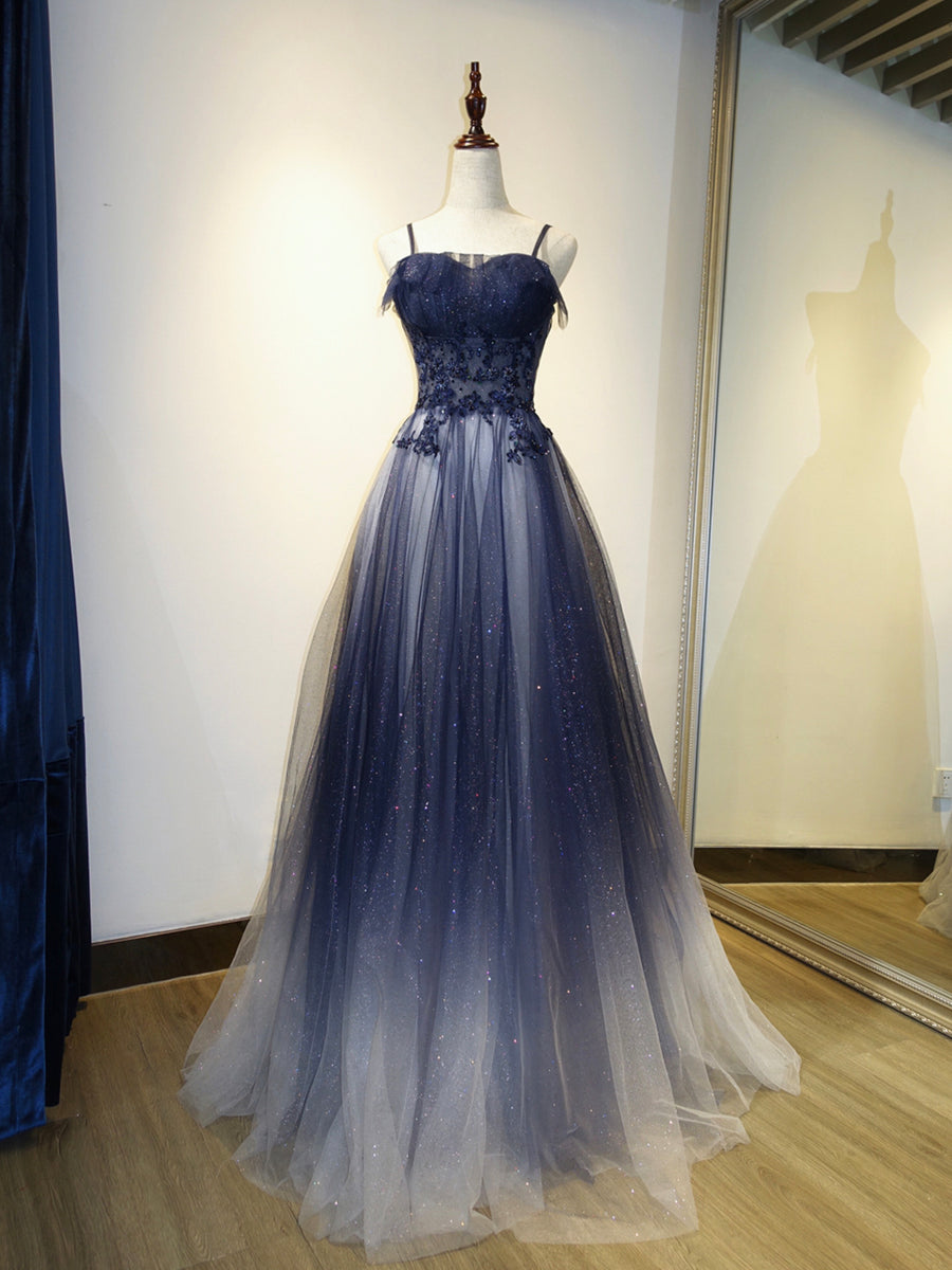 Blue Gradient Tulle Spaghetti Strap Long Party Dress, Beautiful A-line ...