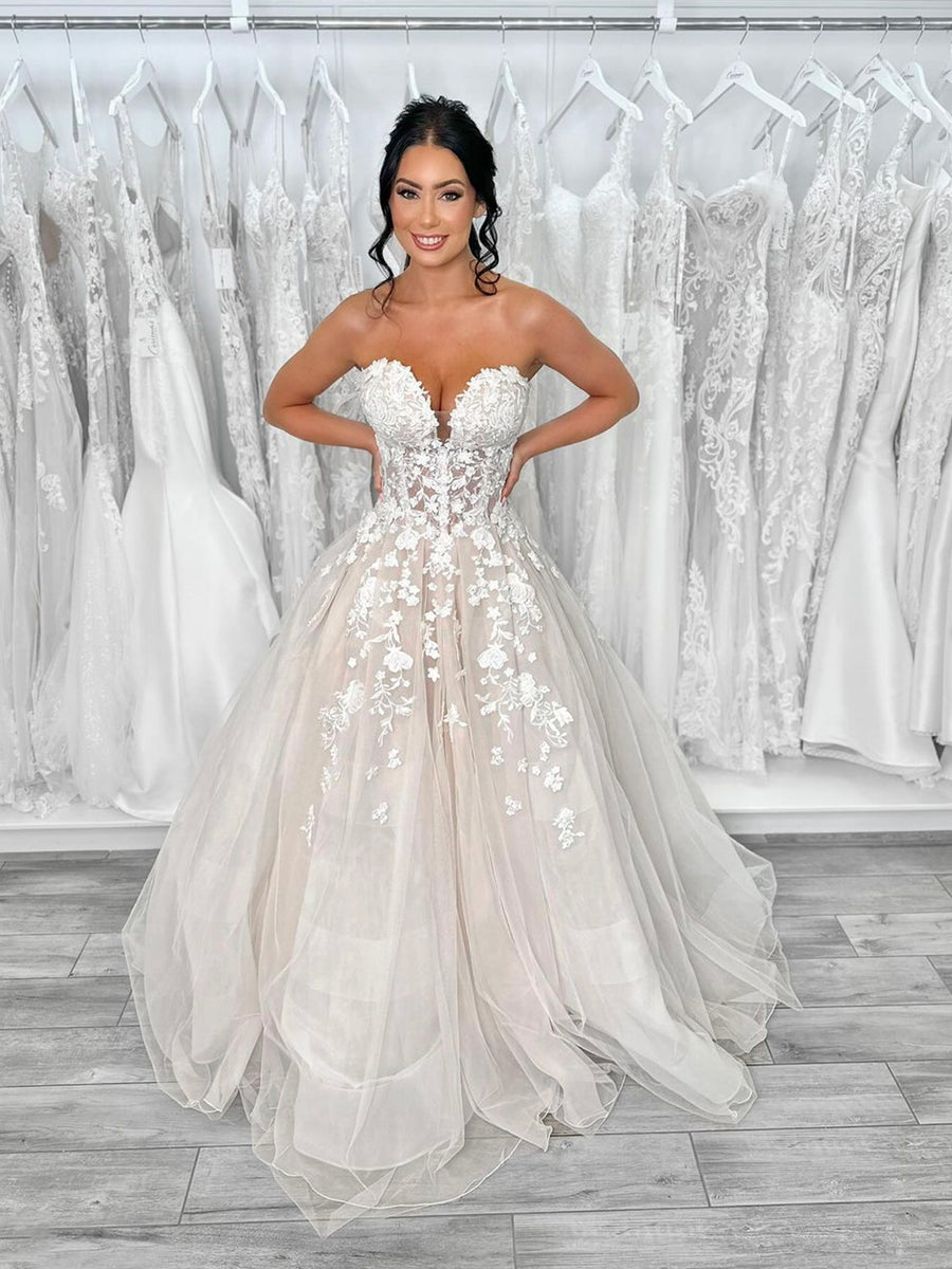 Champagne Tulle Lace Long Prom Dress, Elegant Strapless Formal Party D ...