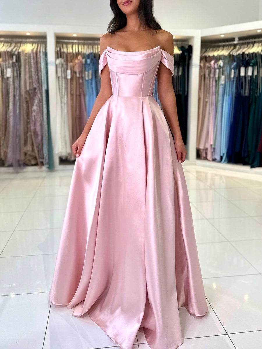 A-Line Satin Long Prom Dress, Simple Off the Shoulder Evening Party Dr ...