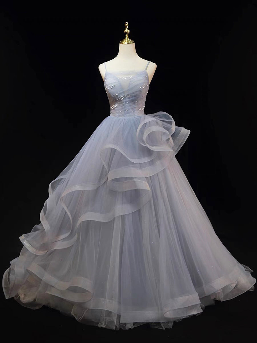 Beautiful Gray Cascading Ruffles Pearl Prom Dress, A-line Spaghetti St ...