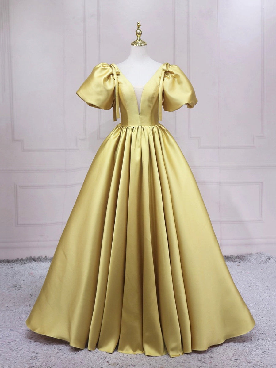 Yellow V-neck Satin Long Prom Dress, Elegant Short Sleeve Evening Part ...