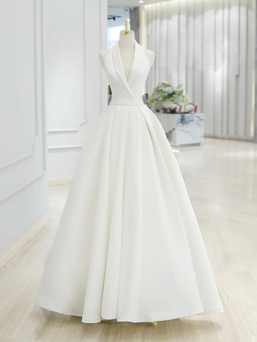 White V-Neck Satin Long Prom Dress, Elegant A-Line Formal Party Dress ...