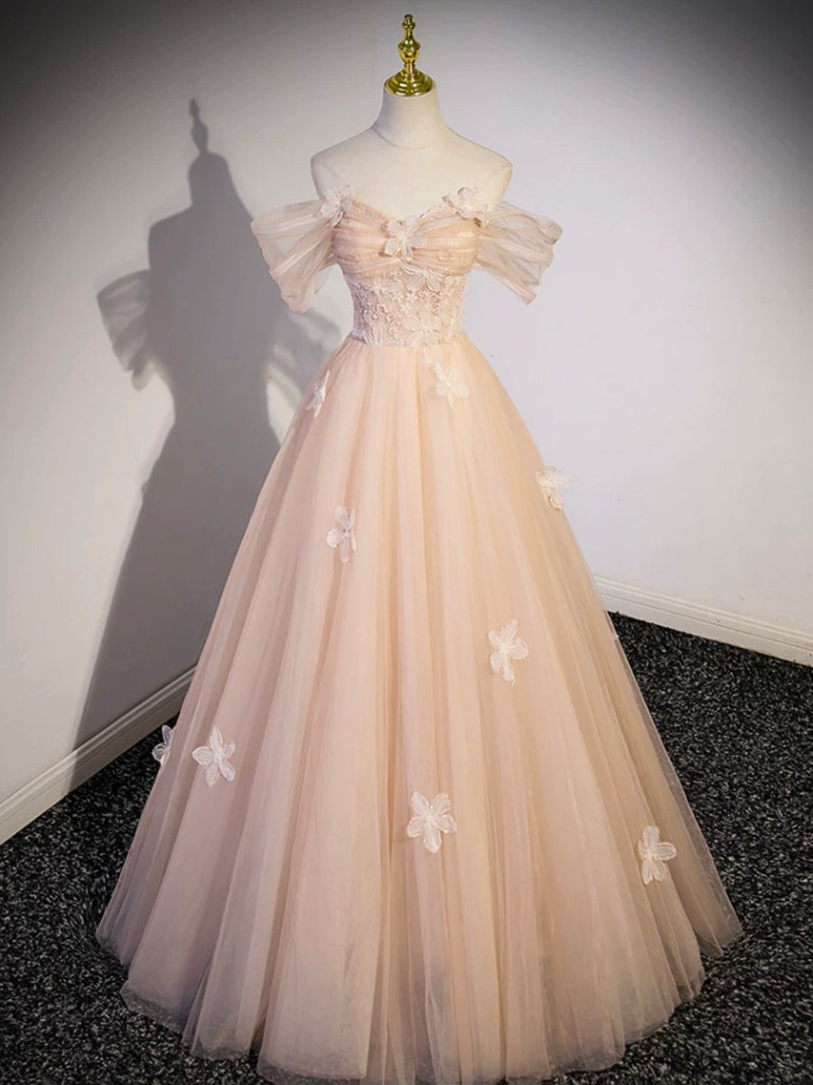 Light Pink Tulle Floor Length Prom Dress, Beautiful Off the Shoulder E ...