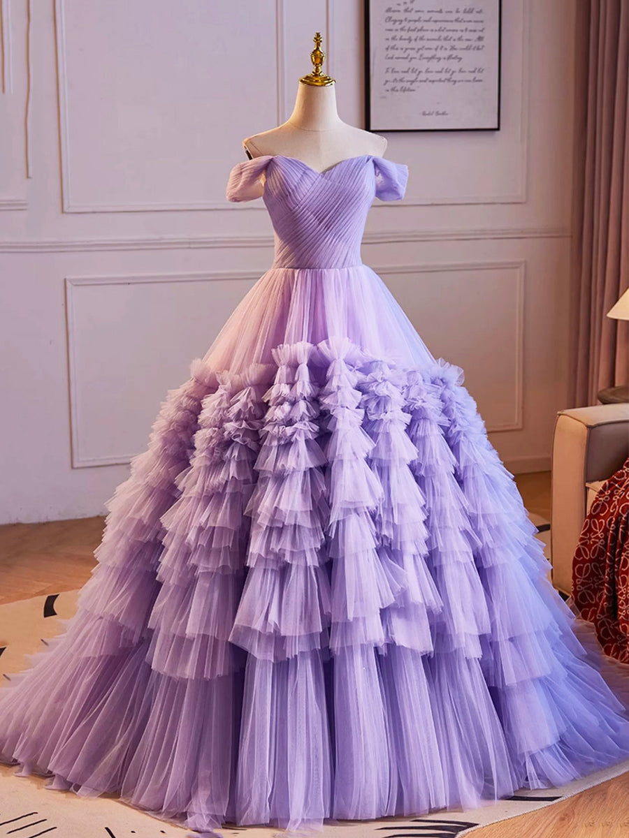Purple Tulle Off the Shoulder Prom Dress, A-Line V-Neck Floor Length F ...