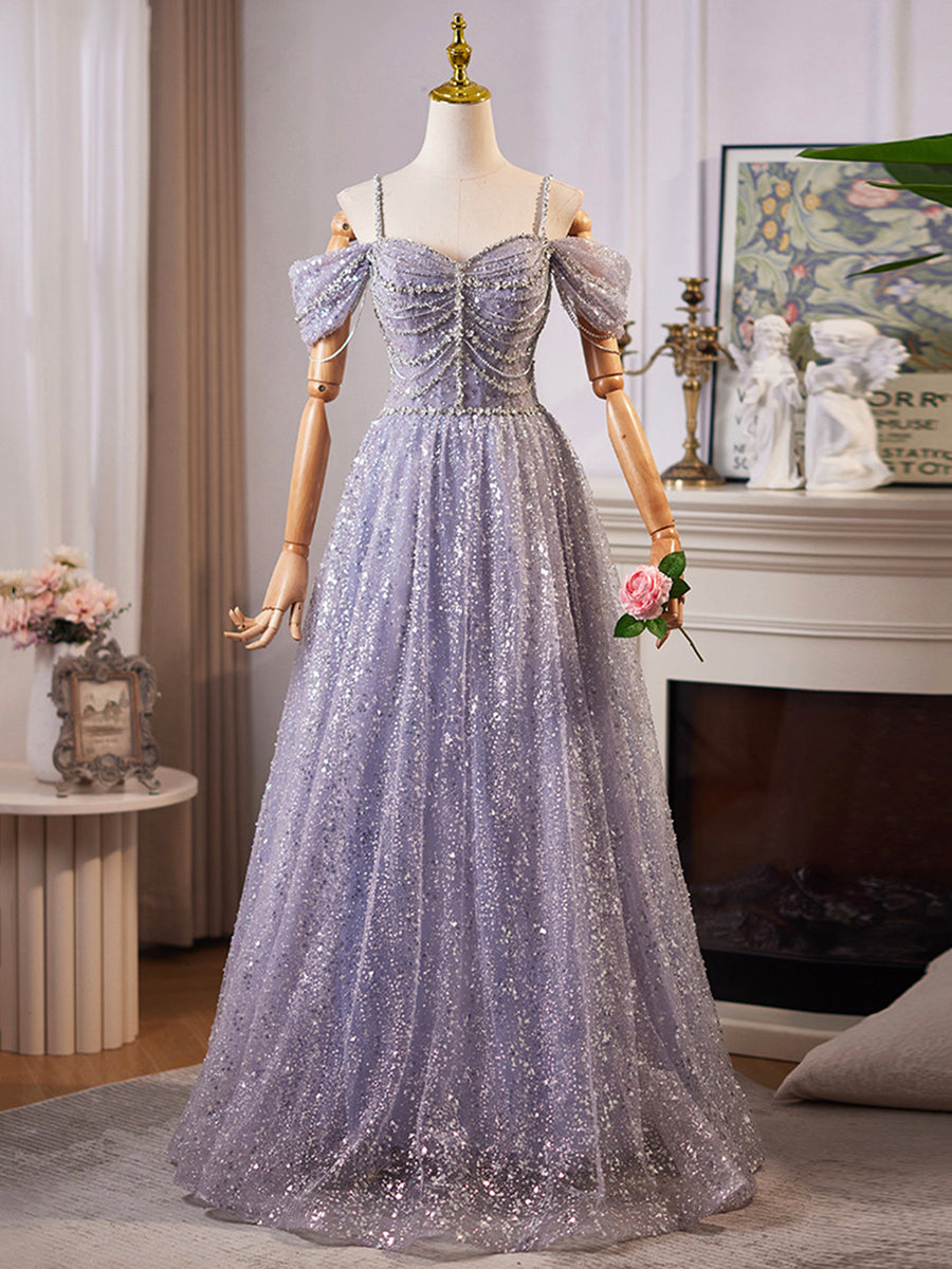 Shiny Tulle Sequins Long Prom Dress, A-Line Off the Shoulder Evening P ...
