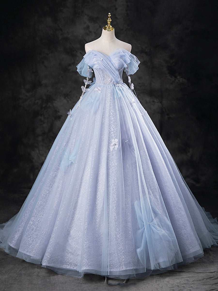 Blue Pearl Tulle Floor Length Prom Dress, A-Line Off the Shoulder Form ...