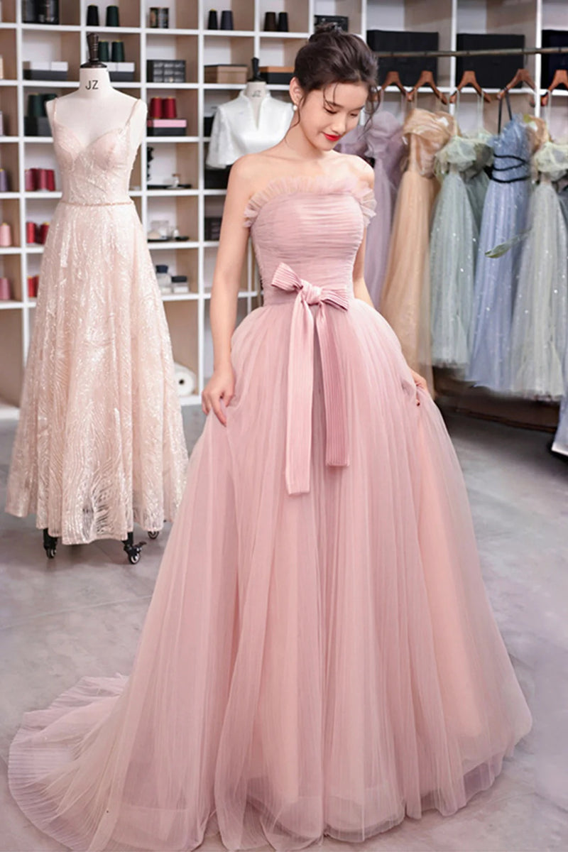 Pink Strapless Tulle Long Prom Dress, Sweet A-Line Party Evening Dress ...