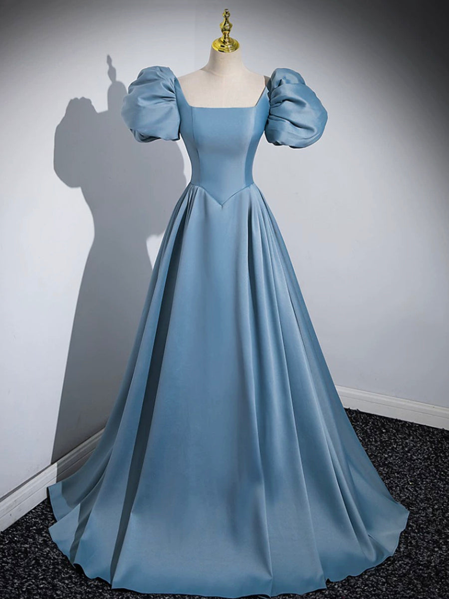 Blue Puff Sleeve Satin Floor Length Prom Dress, Blue A-Line Evening Pa ...