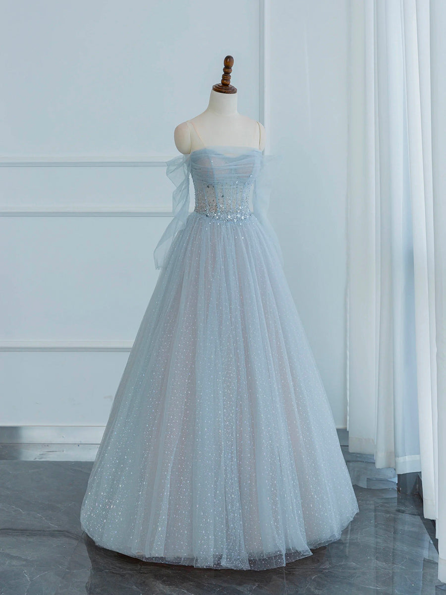 Dusty Blue Tulle Sequins Long Prom Dress, Off the Shoulder Long Sleeve ...