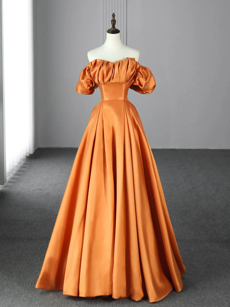 Orange Floor Length Satin Long Prom Dress, Off the Shoulder Evening Pa ...