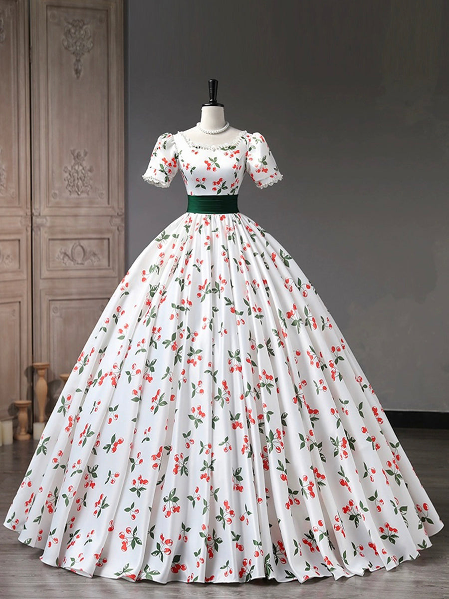 Beautiful Cherry Pattern Long Princess Prom Dress, White A-Line Short ...