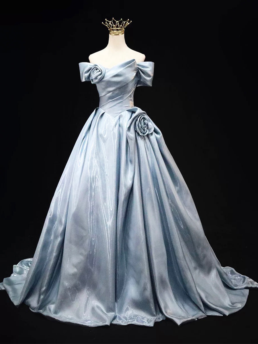 Gray Blue Satin Long Prom Dress, Elegant Off the Shoulder Formal Party ...