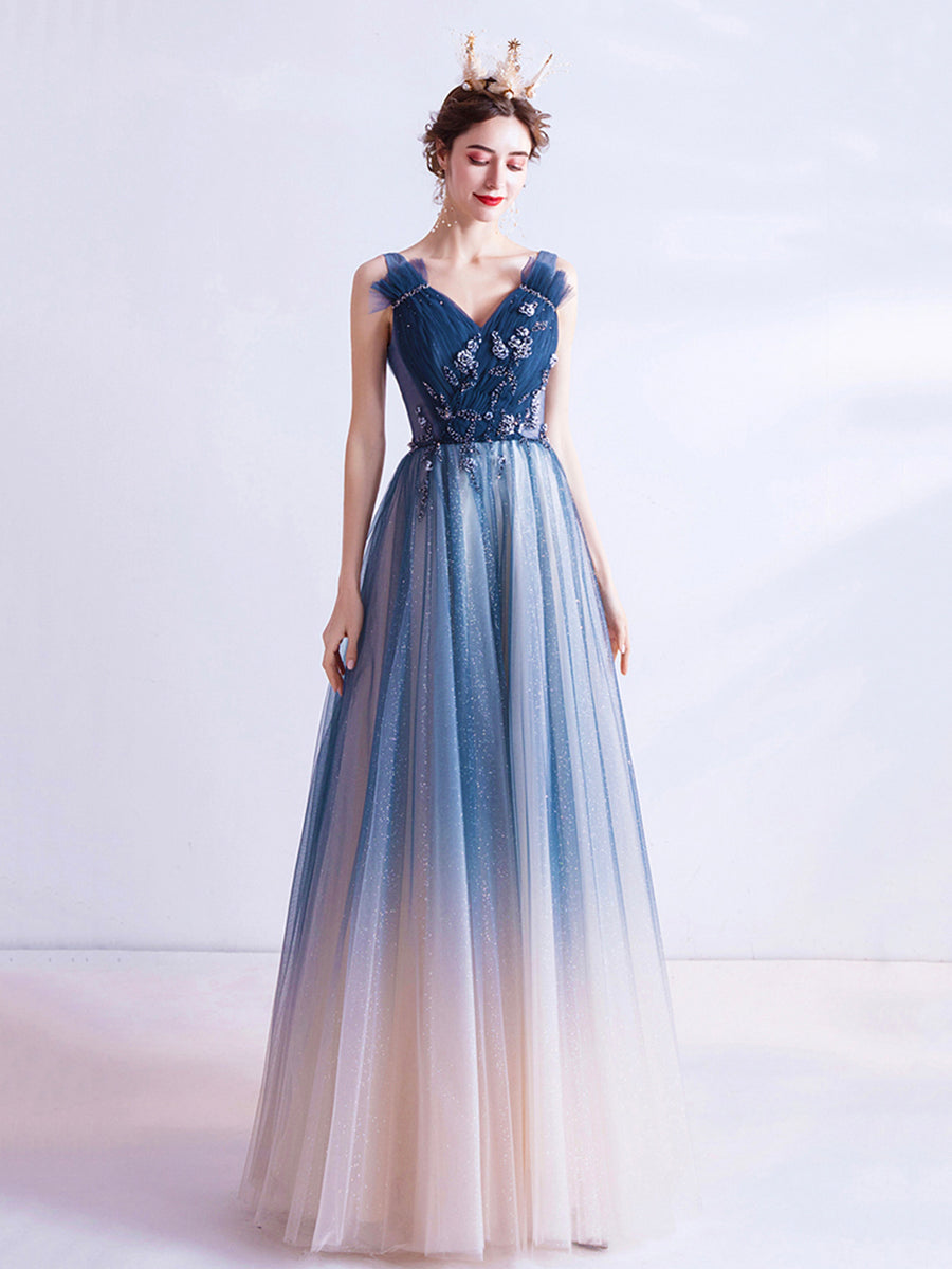 Blue V Neck Gradient Tulle Prom Dress with Beaded, Long A-Line Evening ...
