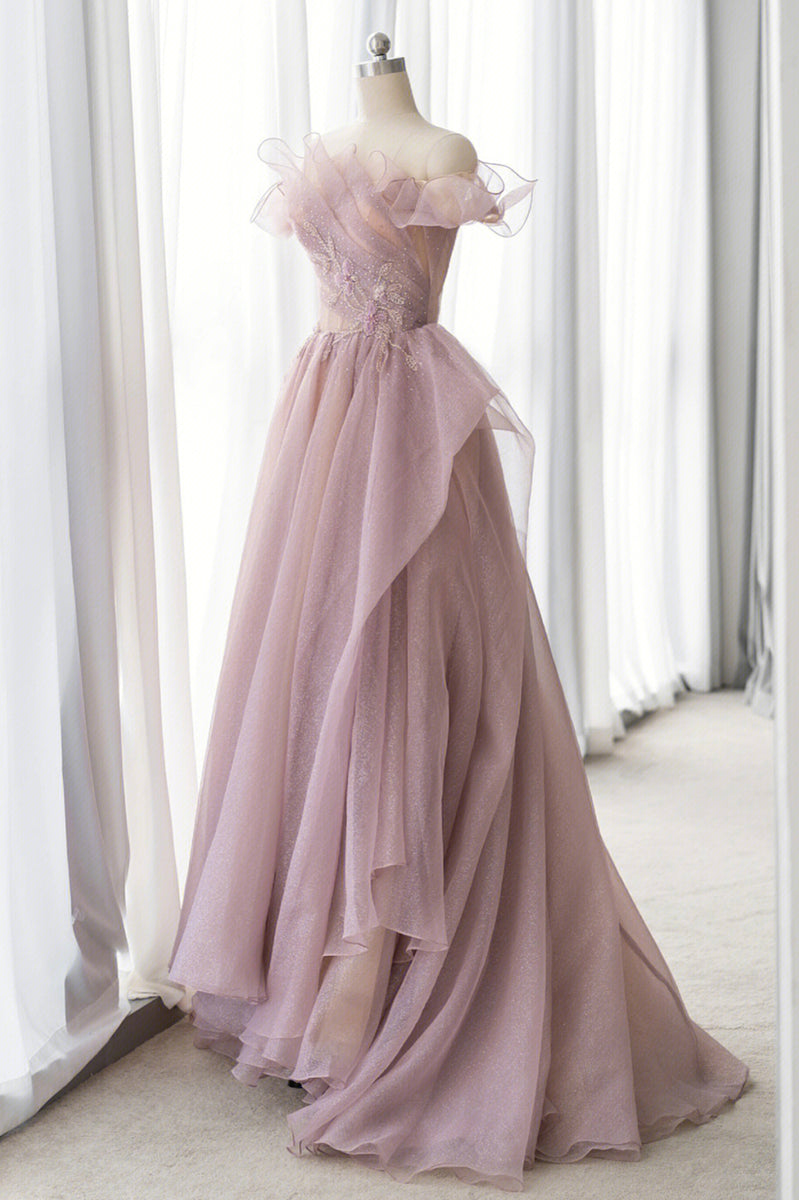 Pink Tulle Long A-line Prom Dress, Lovely Off the Shoulder Evening Dre ...