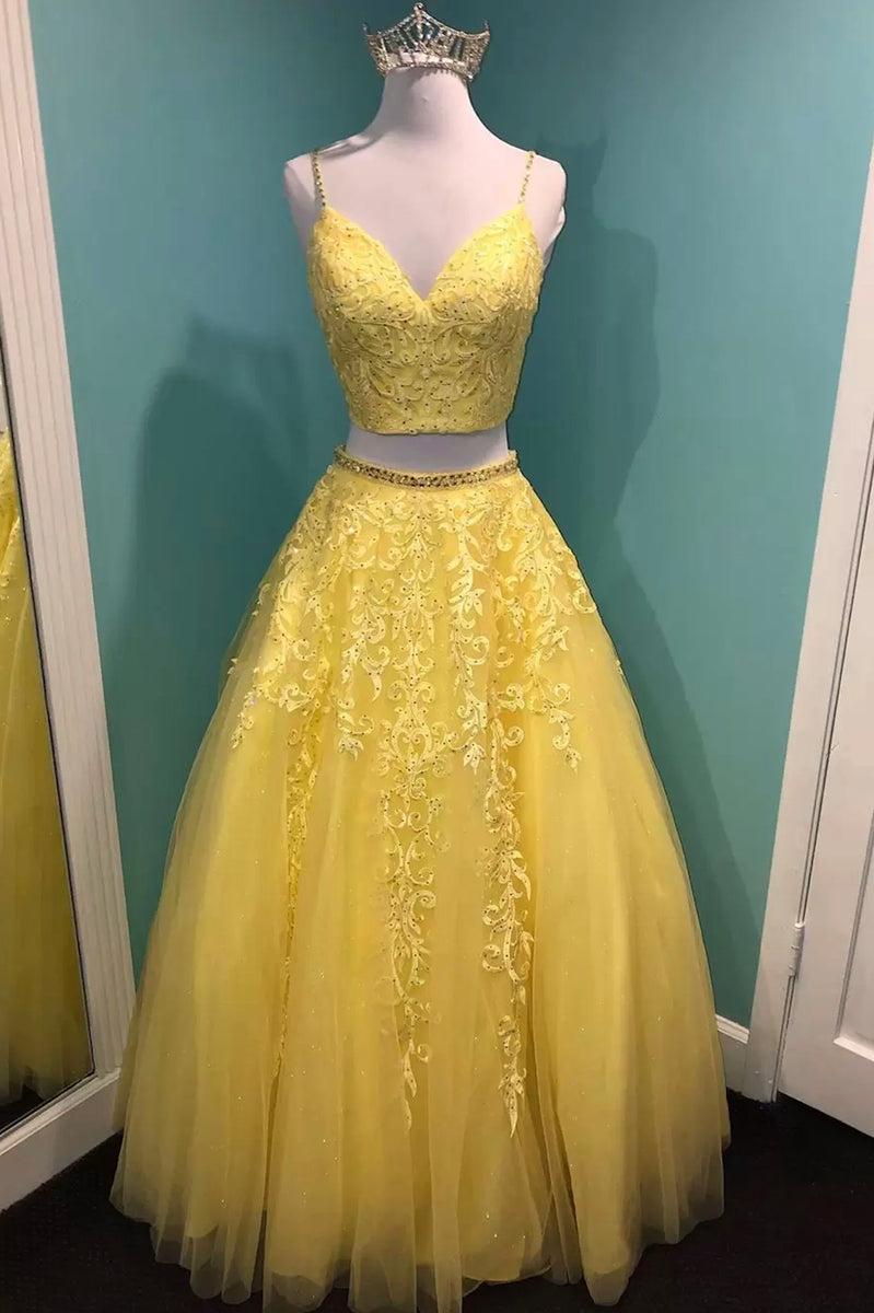 Yellow Lace Two Pieces Prom Dress, A-Line Evening Party Dress – Loveydress