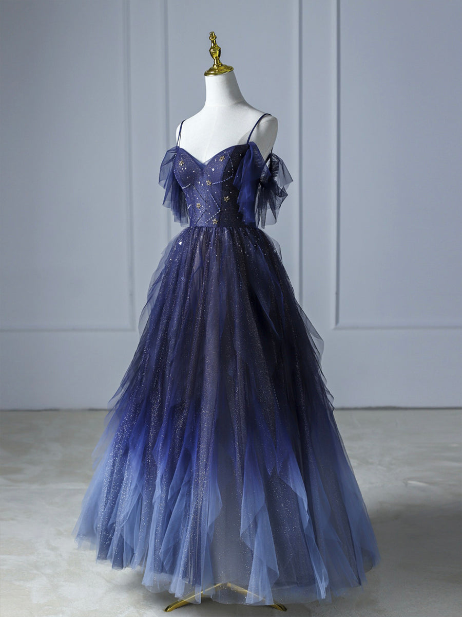 Blue Gradient Tulle Long Prom Dress, Beautiful Spaghetti Strap Evening ...