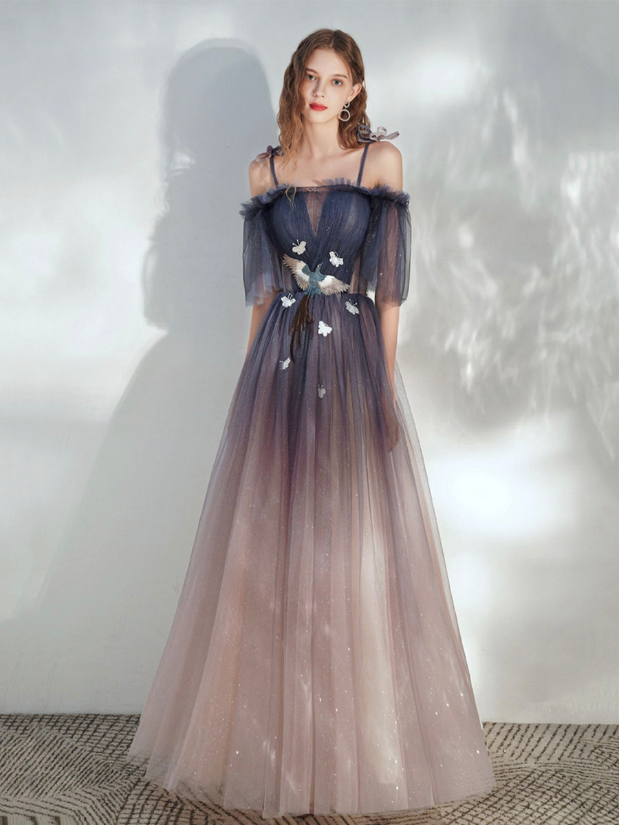 Blue Gradient Tulle Long Prom Dress, Lovely Spaghetti Strap Evening Dr ...