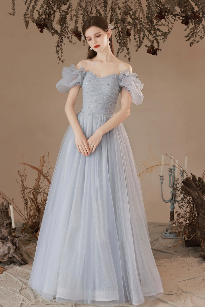 Gray Tulle Long A-Line Prom Dresses, Gray Formal Evening Dresses ...